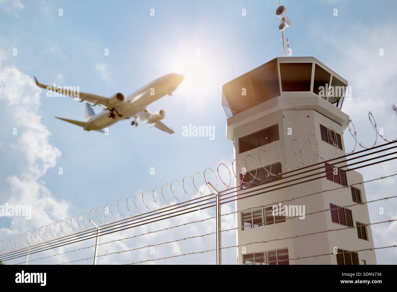 Air Traffic Control Tower at Airport As Airplane Takes Off Stock Photo ...