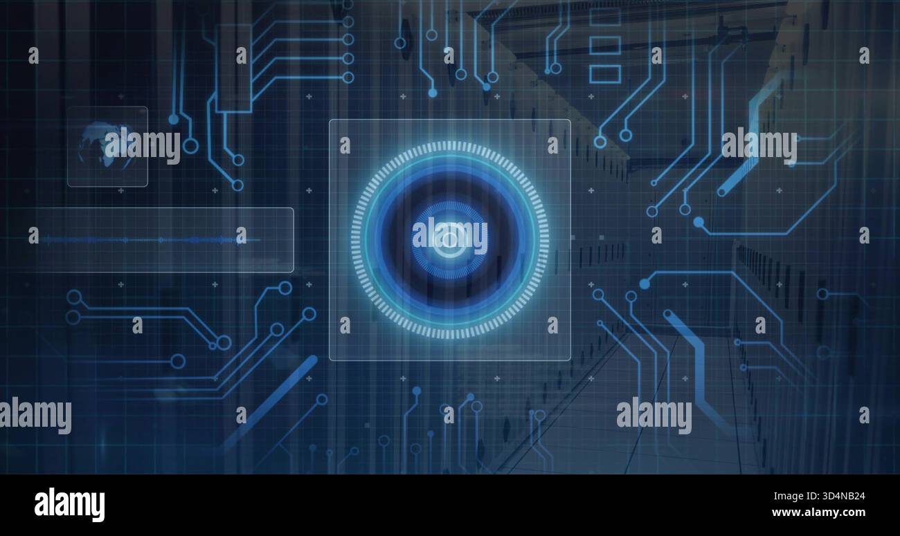 Glowing central HUD projecting concentric rings inside data center ...