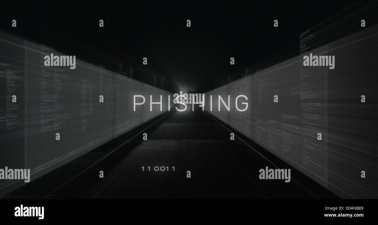 Floating centered PHISHING word glowing above cyber corridor, with ...