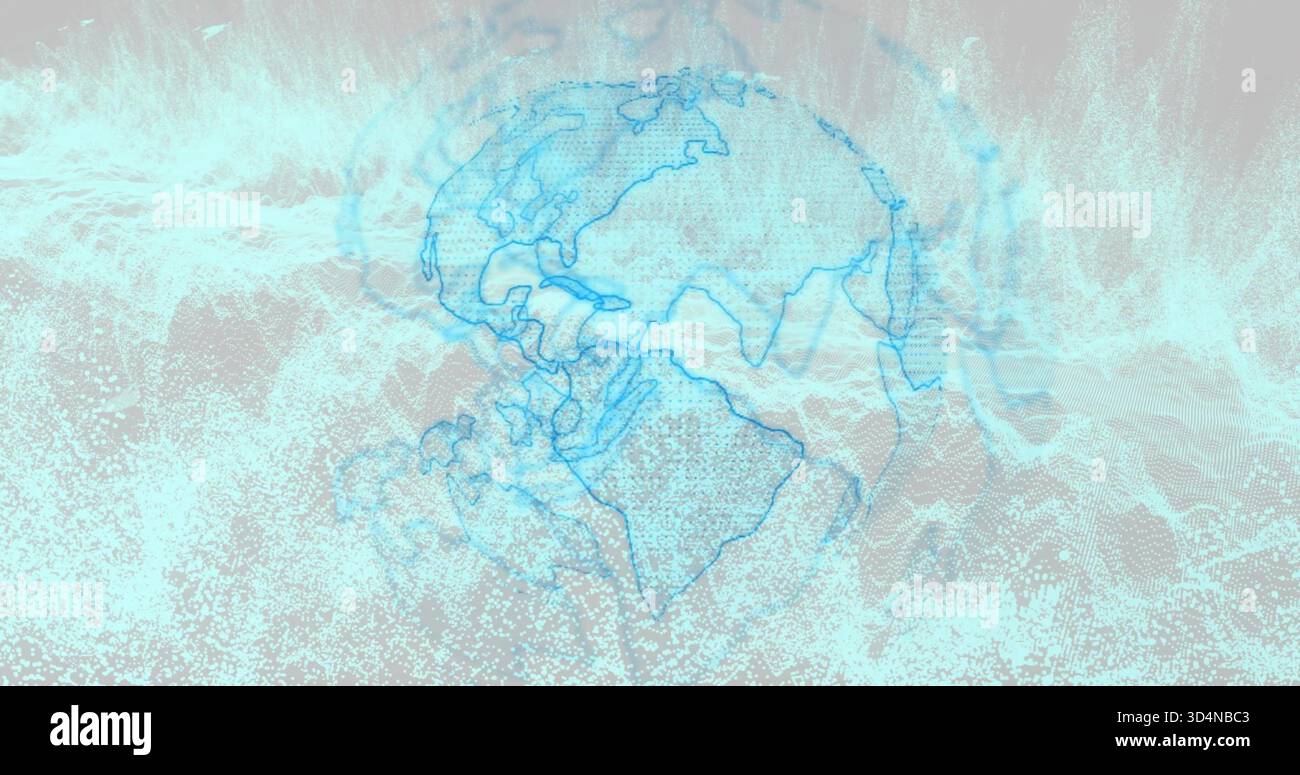 Rotating stylized blue globe showing contour lines and particle streams ...