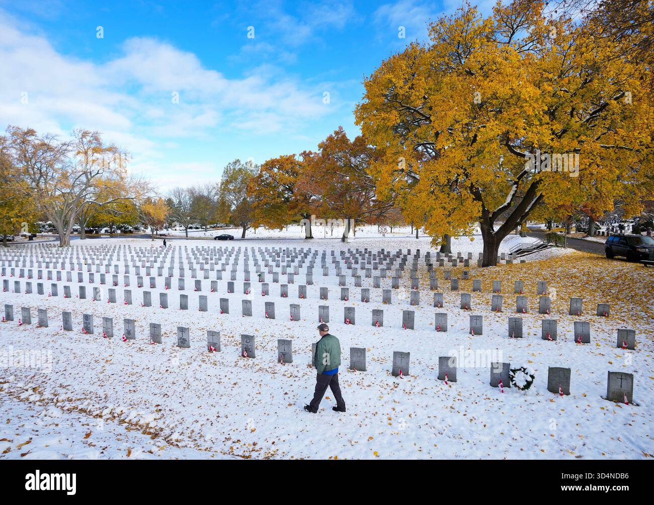 A man walks amongst the rows of fallen Canadian soldiers as he pay his ...