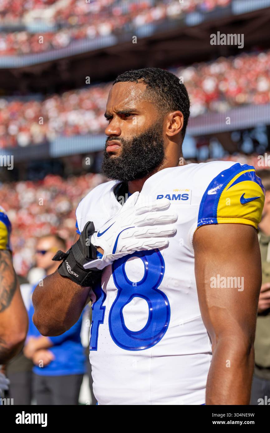 Los Angeles Rams linebacker Omar Speights (48) stands for the national ...