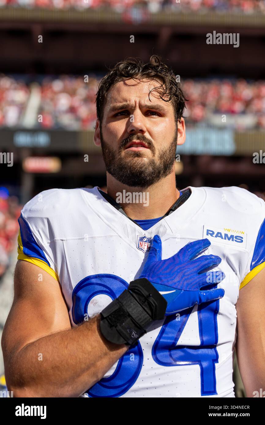 Los Angeles Rams tight end Colby Parkinson (84) stands for the national ...