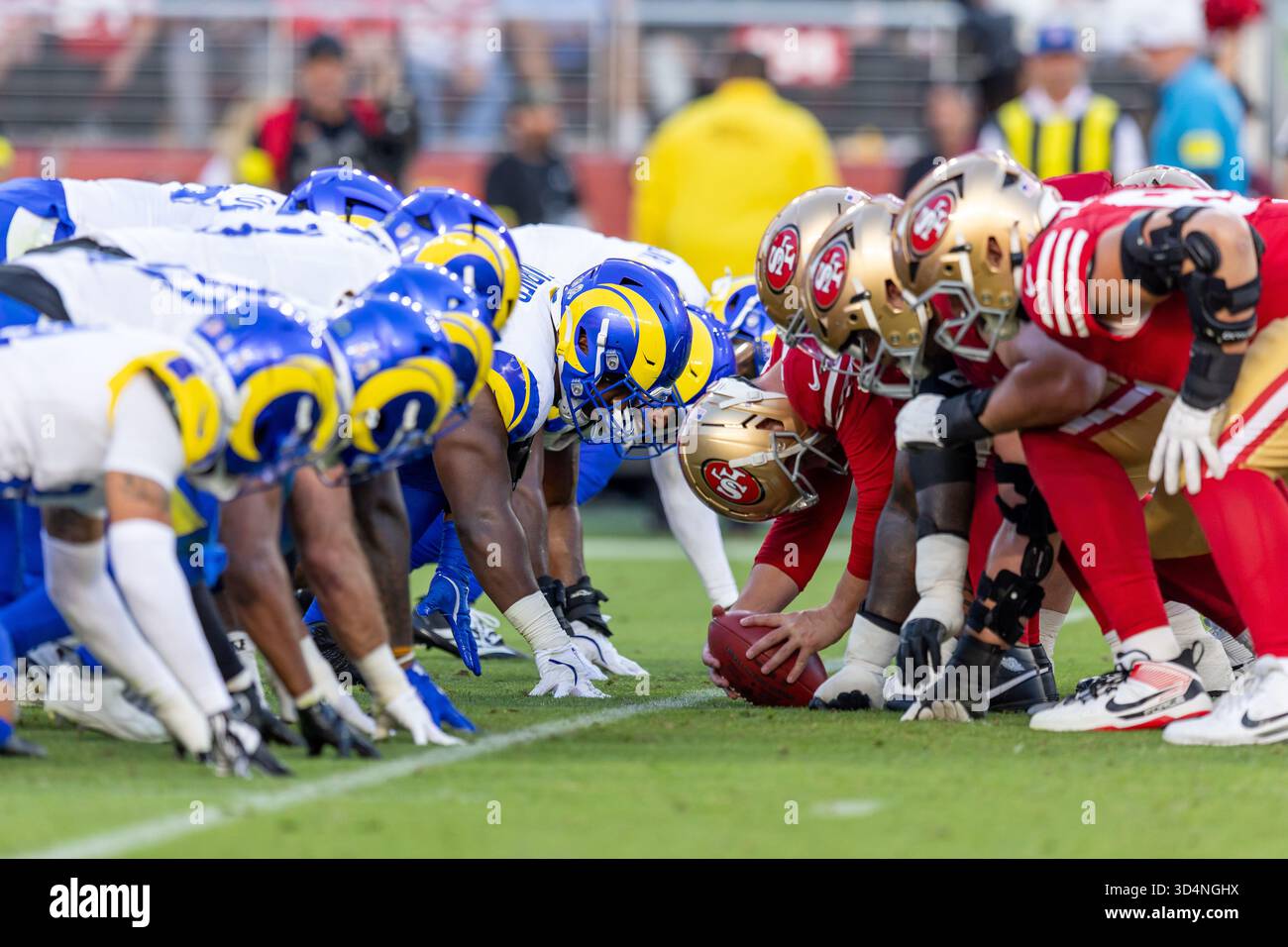 The Los Angeles Rams line up against the San Francisco 49ers in an NFL ...