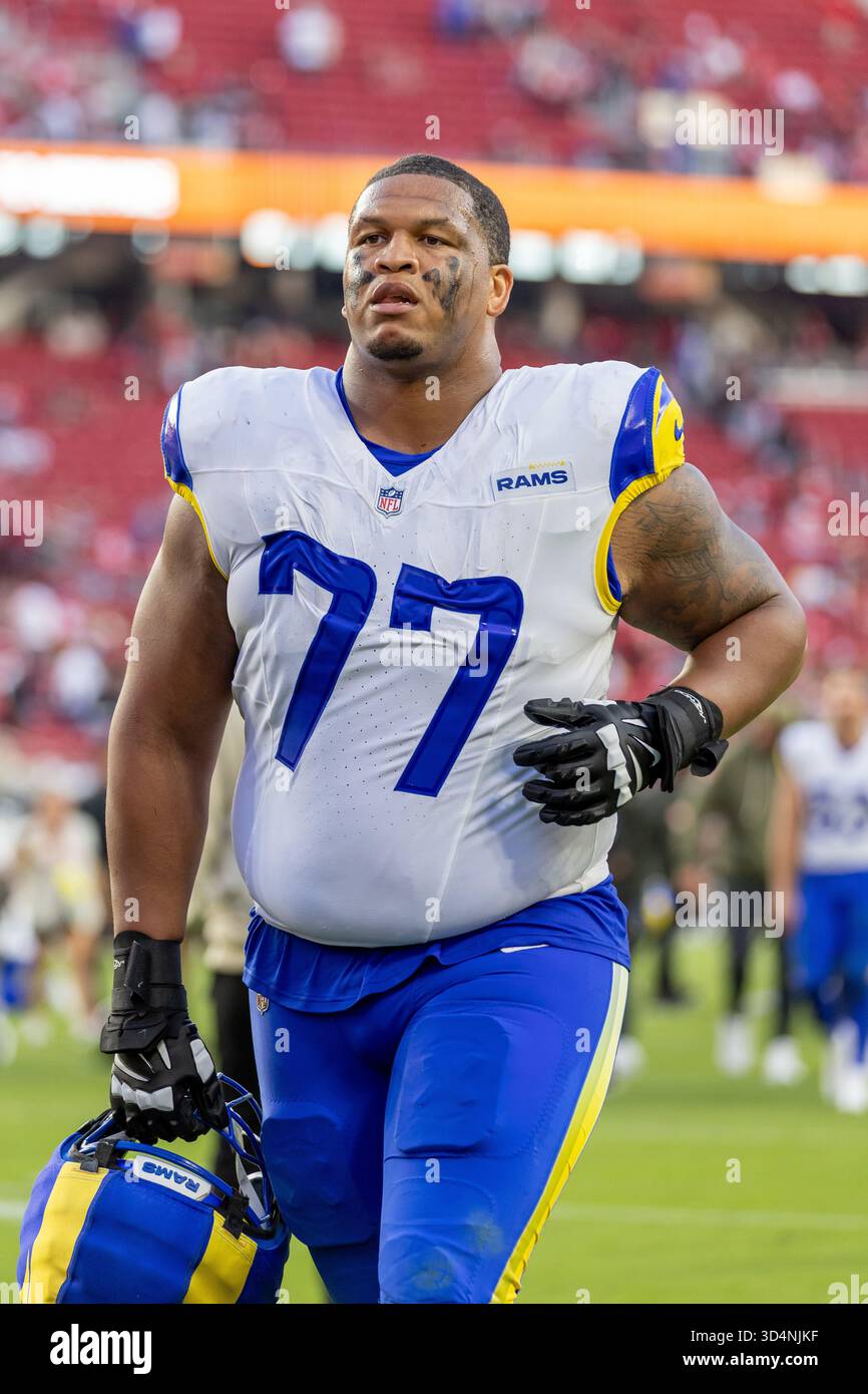 Los Angeles Rams offensive lineman Alaric Jackson (77) walks off the ...