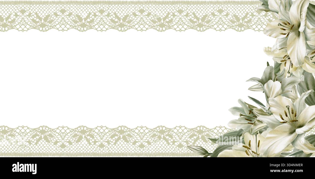 White lily flower and openwork lace ribbon as a symbol of grief and ...