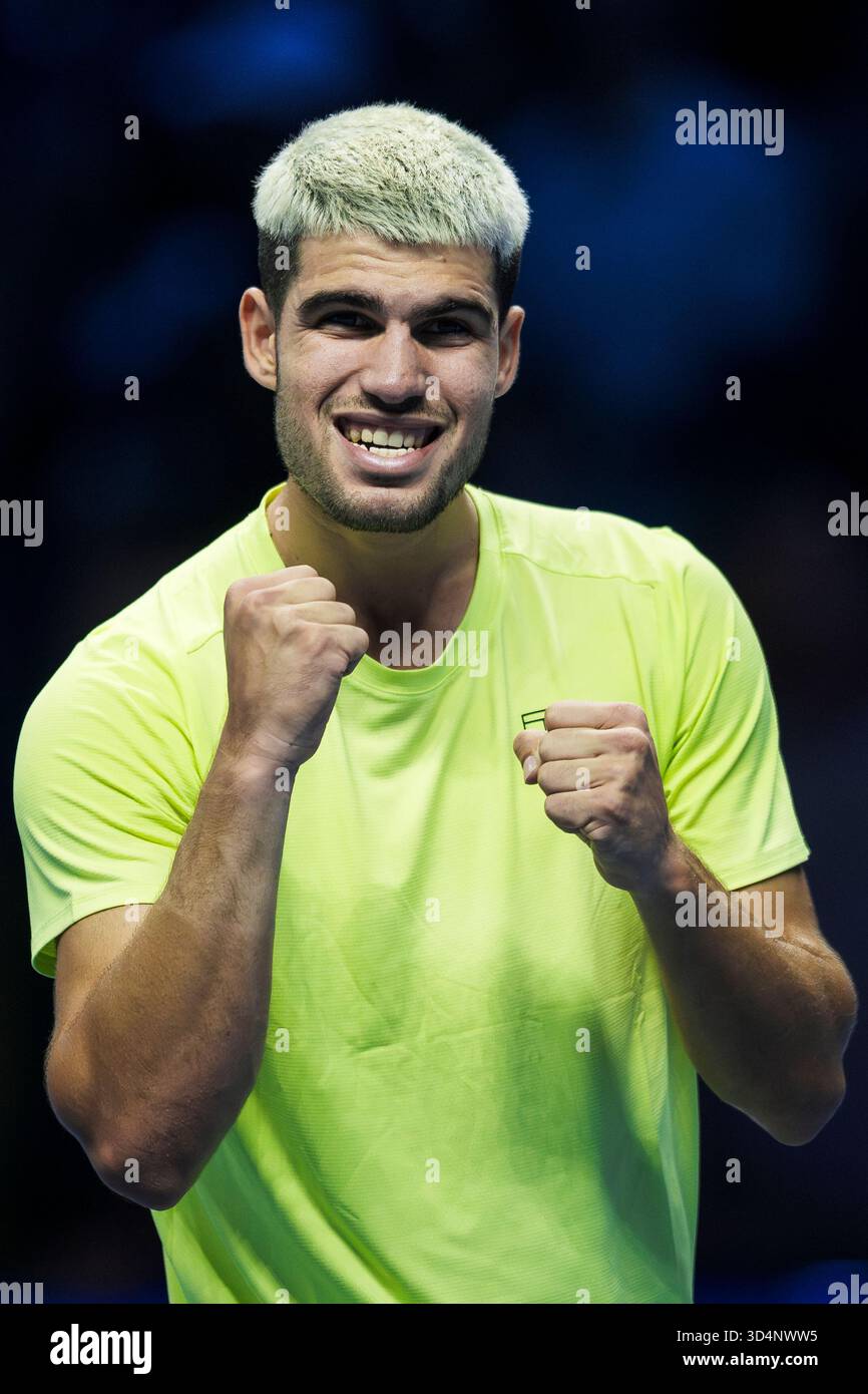 Carlos Alcaraz of Spain celebrates the victory at the end of his round ...