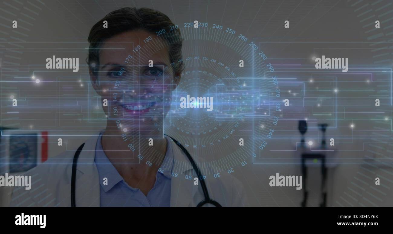 Standing woman doctor facing camera in clinic, wearing white lab coat ...