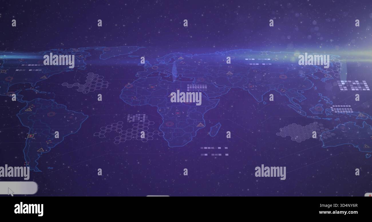 Projecting holographic map showing hex grids, data panels, warning ...