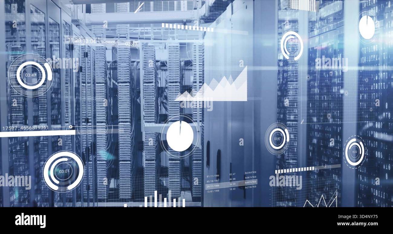 Displaying bank of server racks and glass doors glowing in data center ...