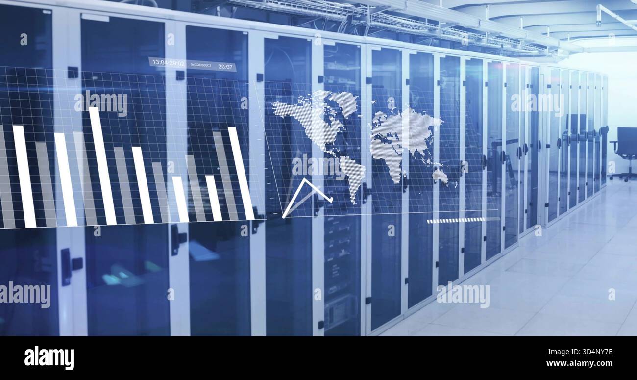 Displaying row of glass server racks streaming data overlays at data ...