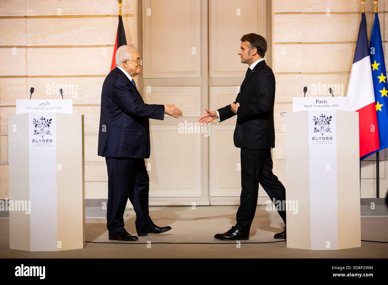 French President Emmanuel Macron and Palestinian president Mahmud Abbas ...
