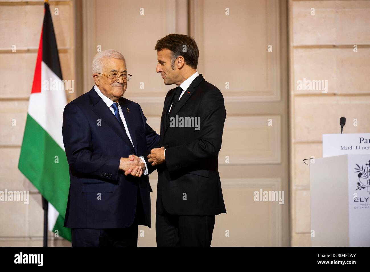 French President Emmanuel Macron and Palestinian president Mahmud Abbas ...