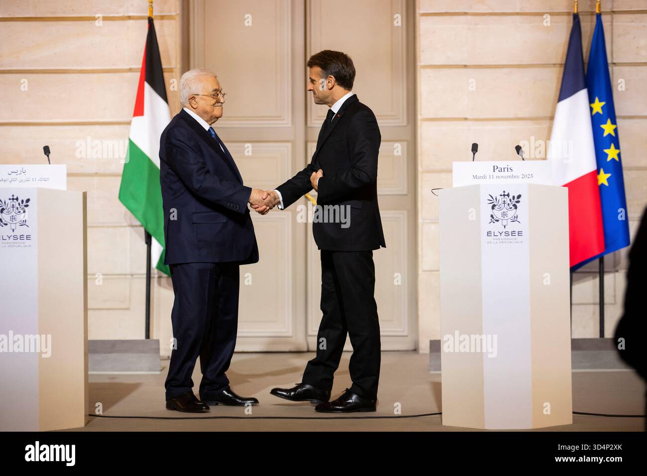 French President Emmanuel Macron and Palestinian president Mahmud Abbas ...