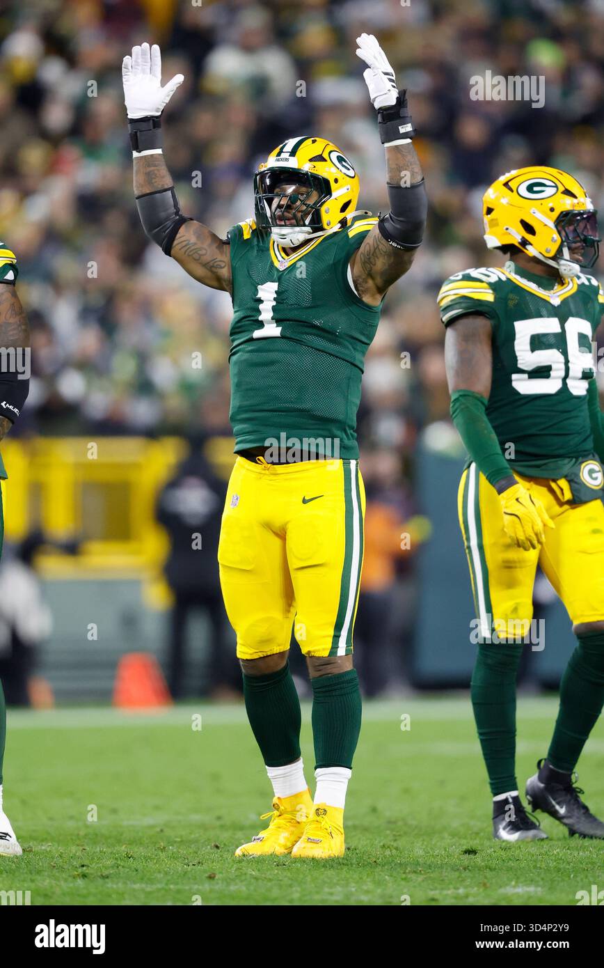 Green Bay Packers defensive end Micah Parsons (1) reacts during an NFL ...
