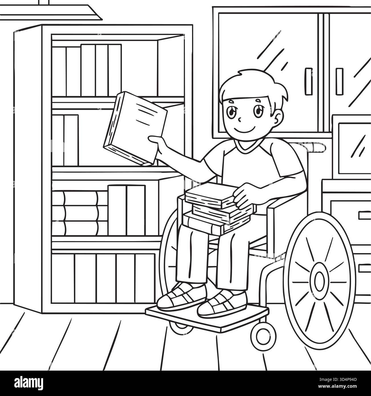 Boy in Wheelchair Organizing Books Coloring Page Stock Vector Image ...