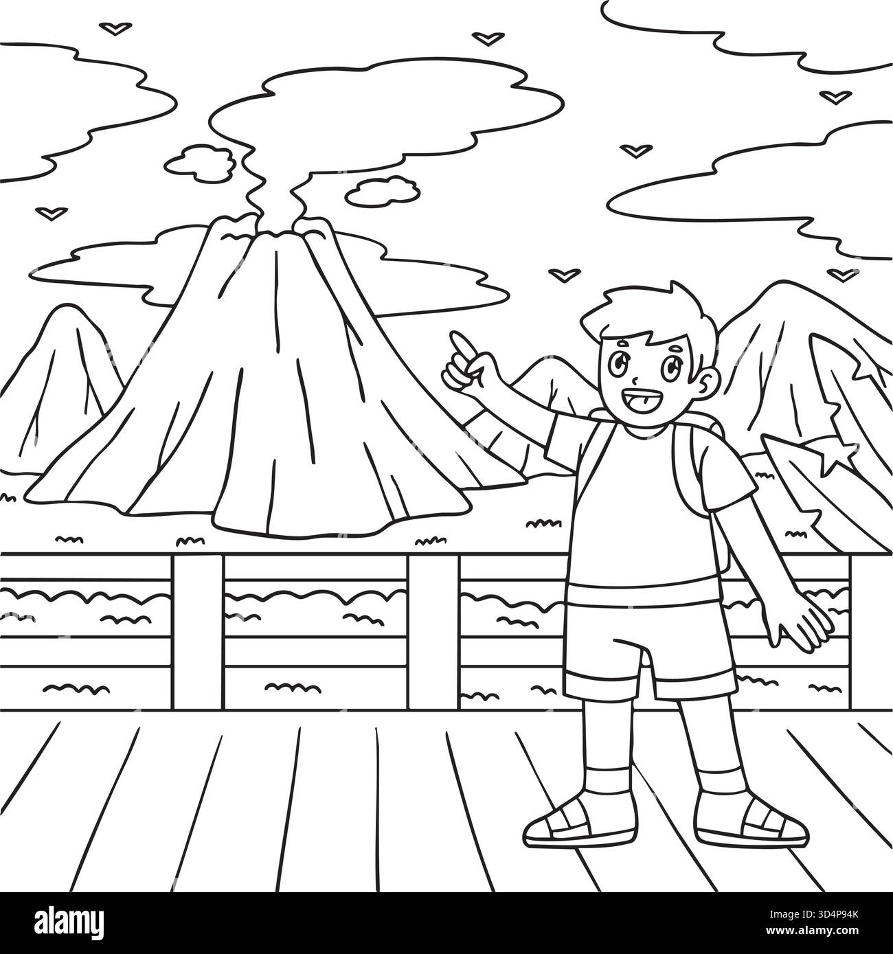 Boy Watching a Volcano Coloring Page for Kids Stock Vector Image & Art ...