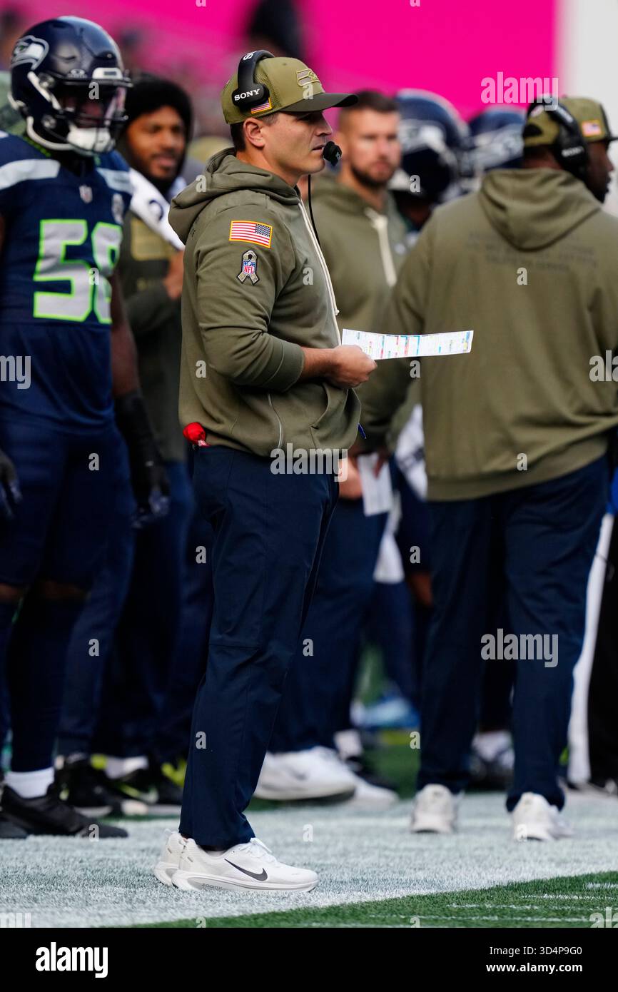 Seattle Seahawks head coach Mike Macdonald looks on during an NFL ...