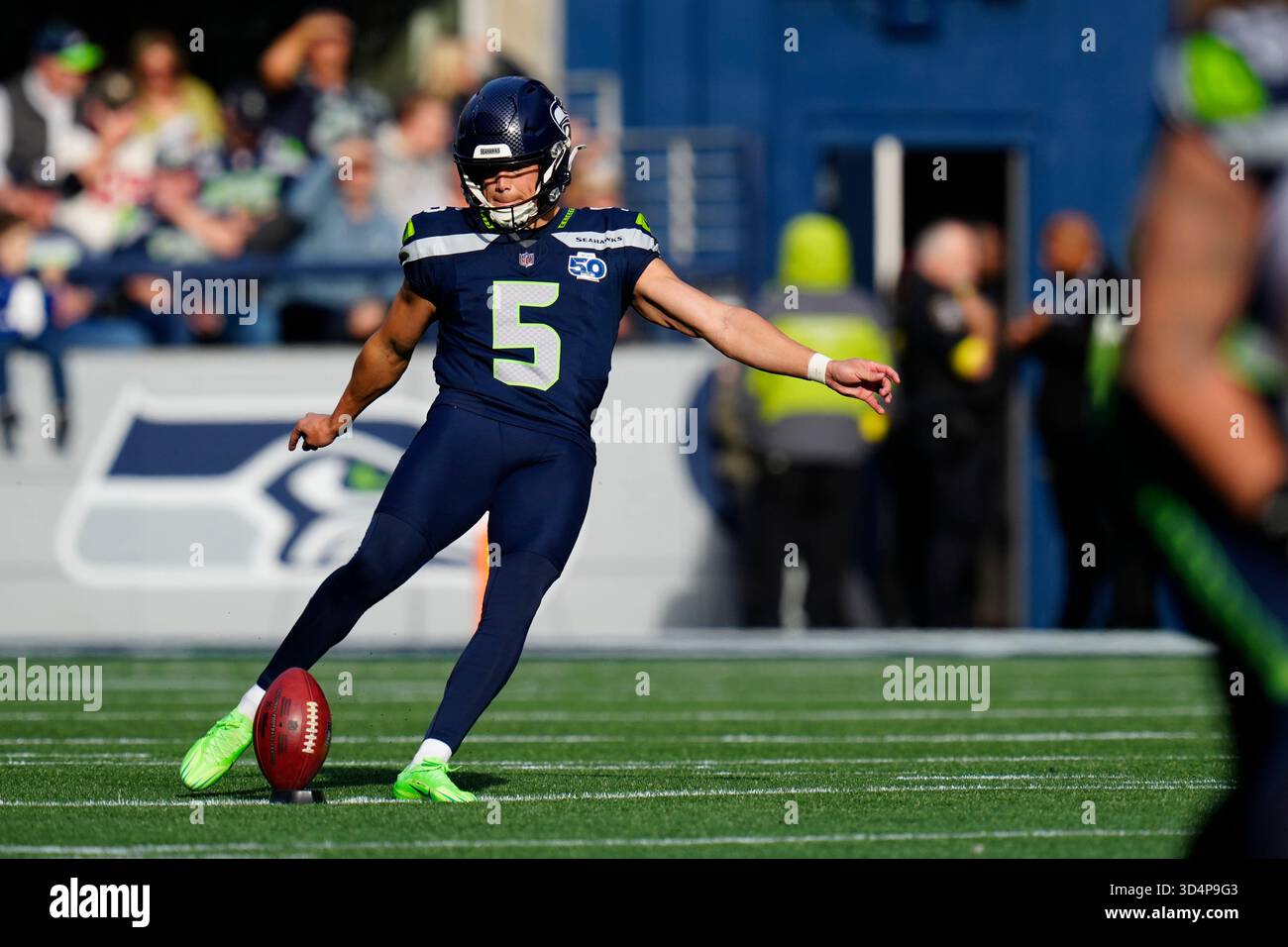Seattle Seahawks place kicker Jason Myers (5) kicks the ball during an ...