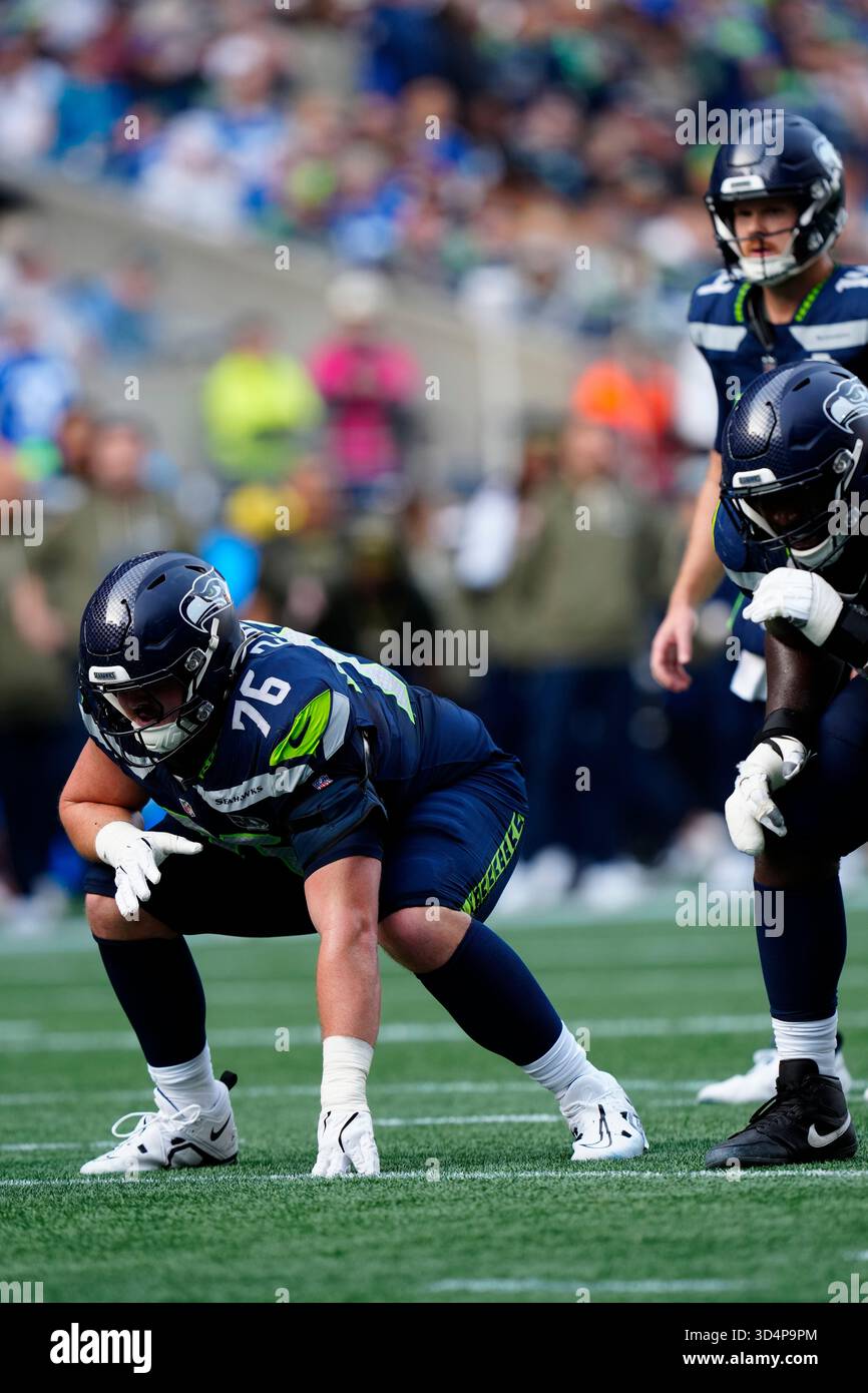 Seattle Seahawks guard Grey Zabel (76) gets set during an NFL football ...