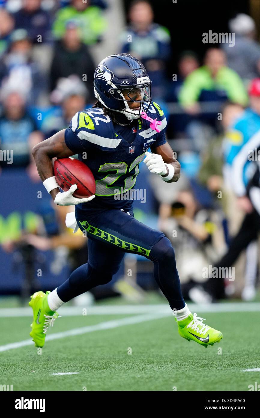 Seattle Seahawks wide receiver Rashid Shaheed (22) runs with the ball during an NFL football ...