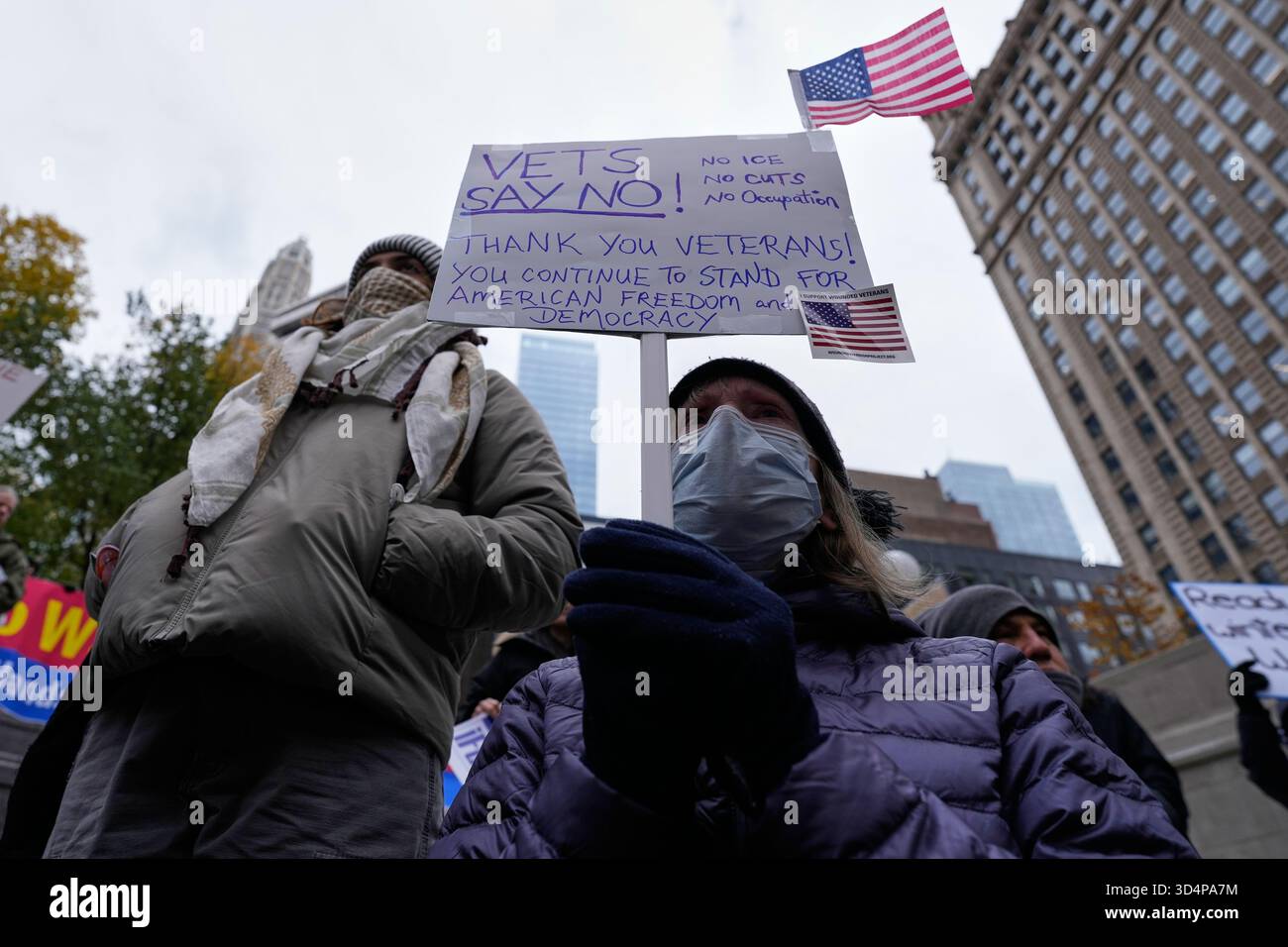 Maureen Harazin holds a sign and a flag during a Veterans Day protest ...