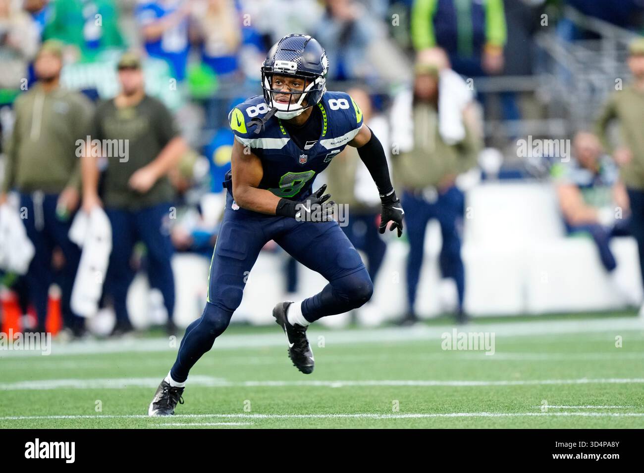Seattle Seahawks safety Coby Bryant (8) runs down the field during an ...