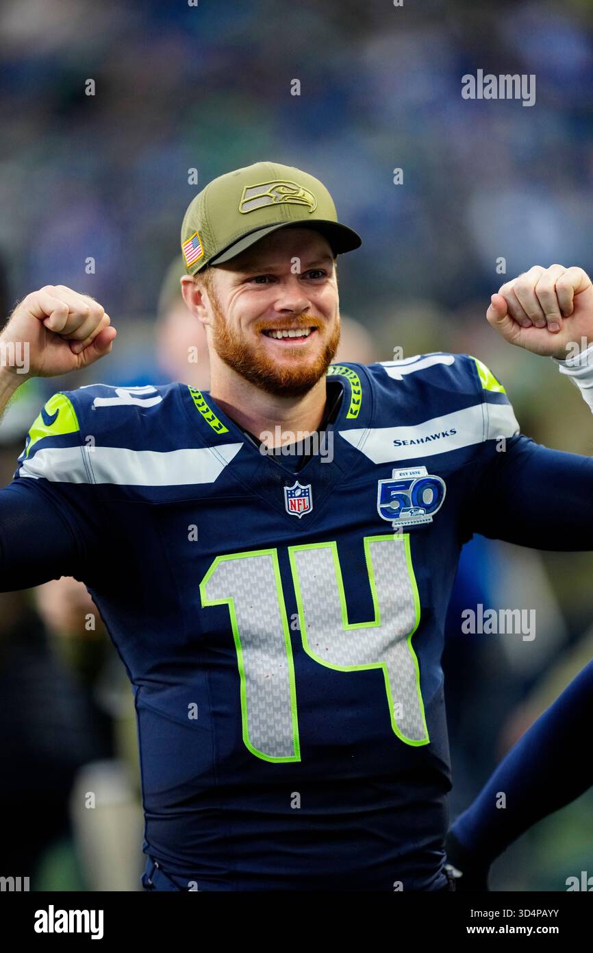 Seattle Seahawks quarterback Sam Darnold (14) celebrates during an NFL ...