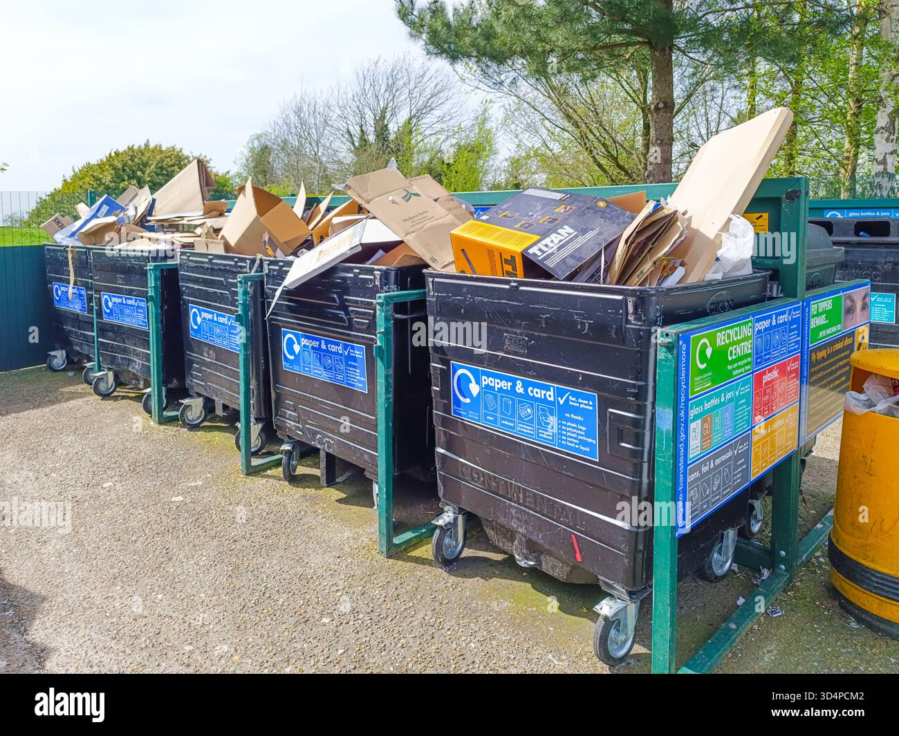 Recycling station with full bins of packaging waste. London, UK, 13 ...