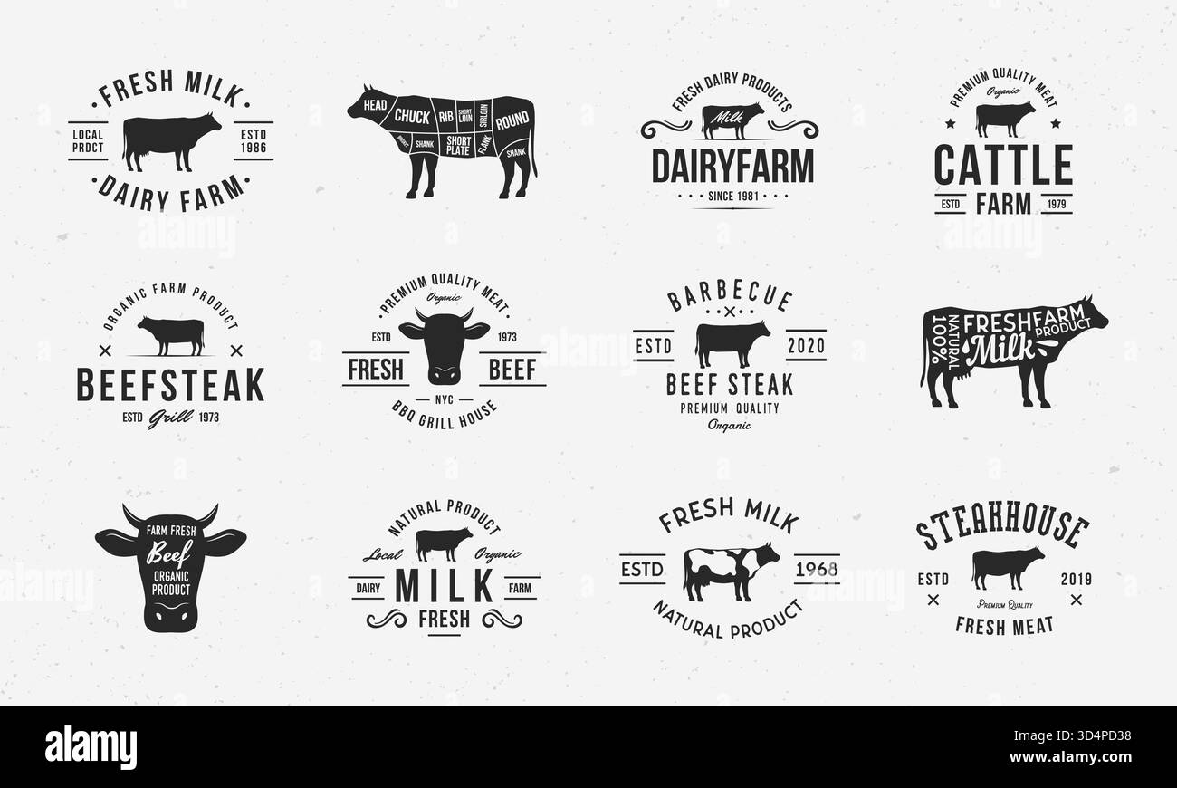 Cow, Beef vintage logo set. 12 Butchery labels, emblems with cow ...