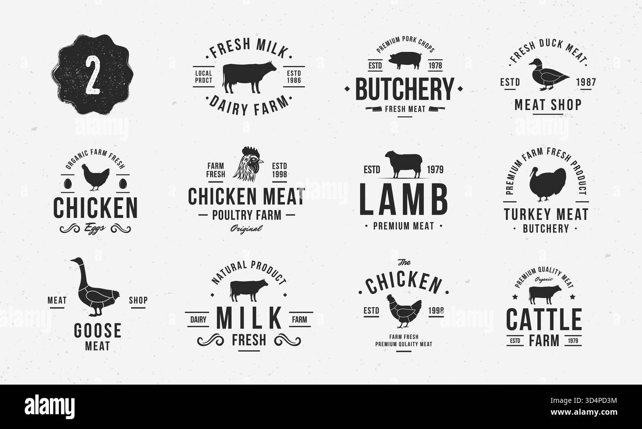 Livestock vintage logo set. 11 Farm animals labels, emblems with ...