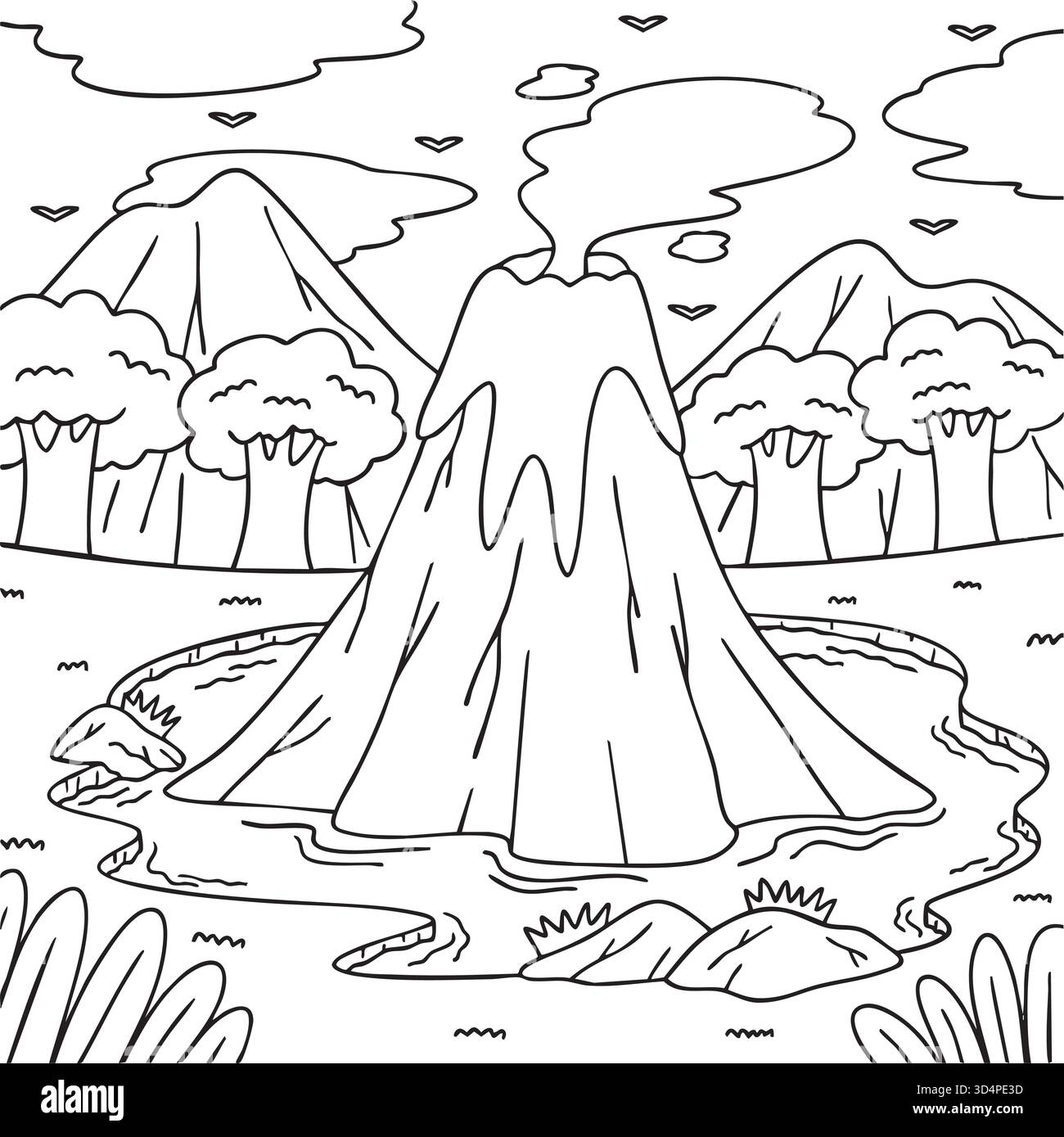 Volcano Surrounded by Lake Coloring Page for Kids Stock Vector Image ...