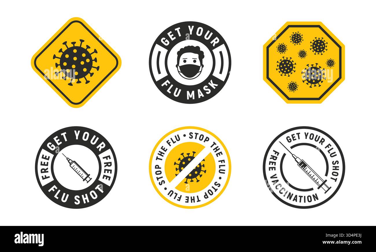 Vector Set of 6 Flu signs, stickers, badges and logos. Warning virus ...
