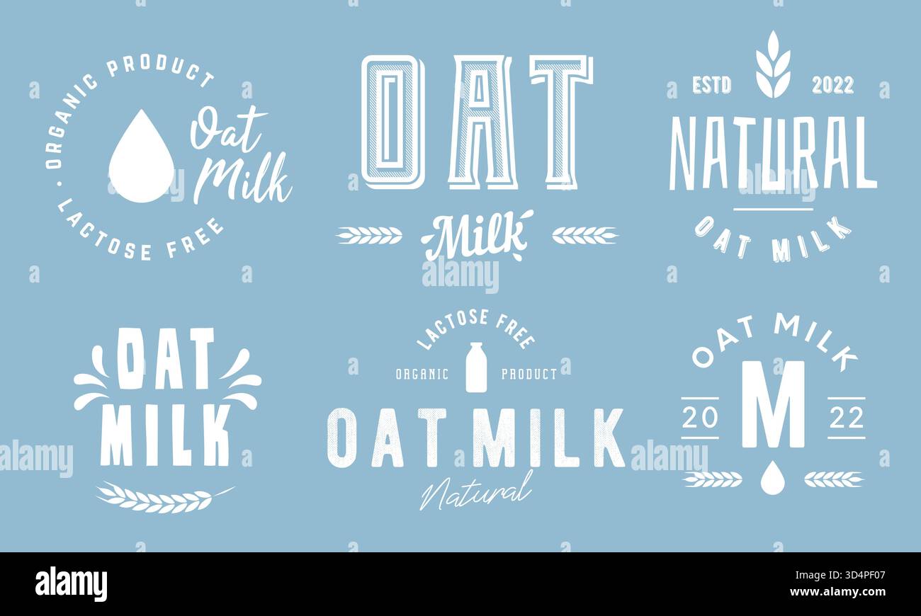 Oat Milk products labels, emblems and logos. Oat milk logo set with ...