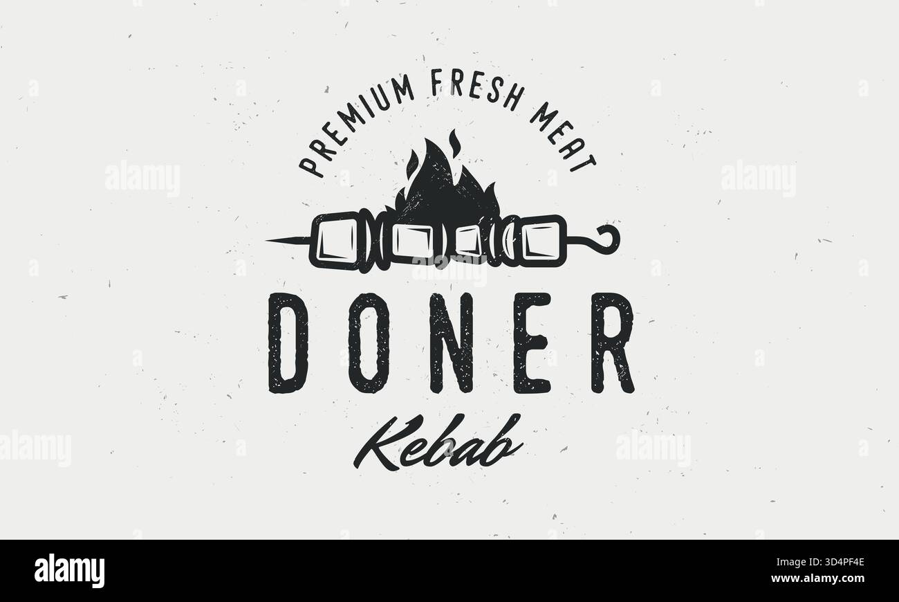Doner Kebab logo. Shawarma emblem with kebab on skewer with fire flame ...