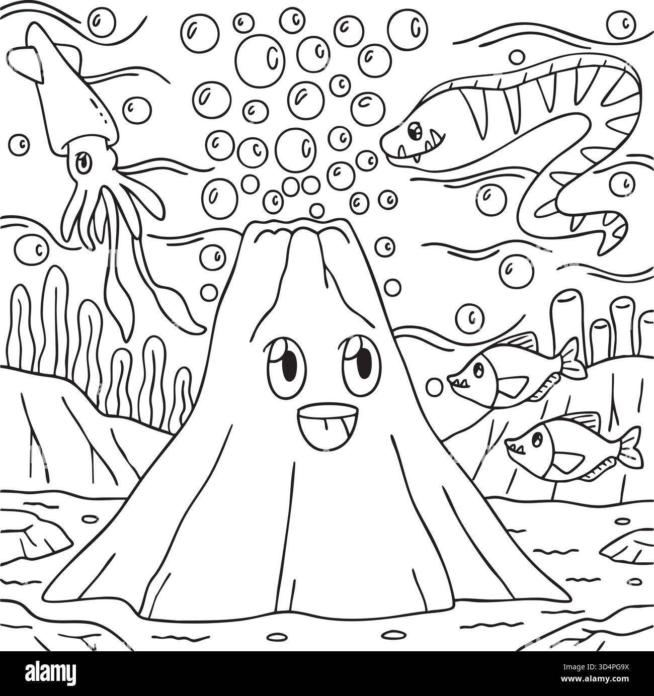 Underwater Volcano and Sea Creatures Coloring Page Stock Vector Image ...