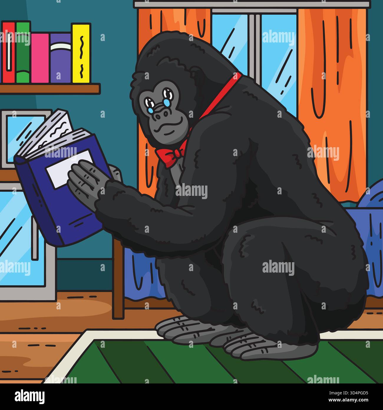Gorilla Reading Book Colored Cartoon Illustration Stock Vector Image ...