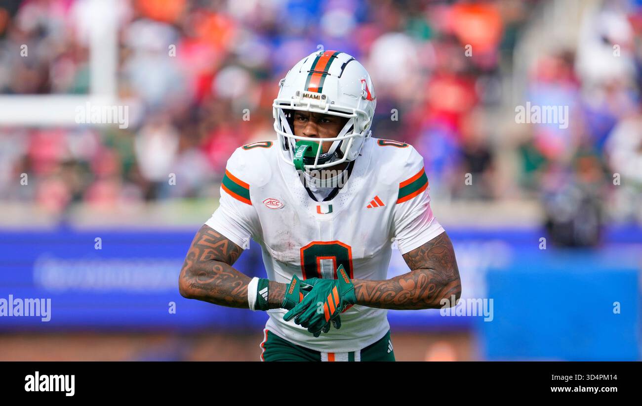 Miami wide receiver Keelan Marion lines up for the play during an NCAA ...