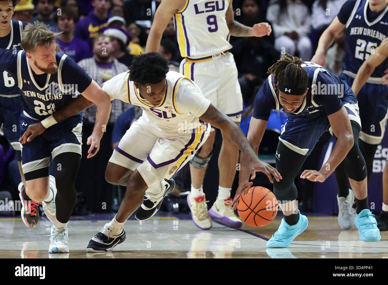 LSU Tigers guard Rashad King (4) and UNO Privateers forward MJ Thomas ...
