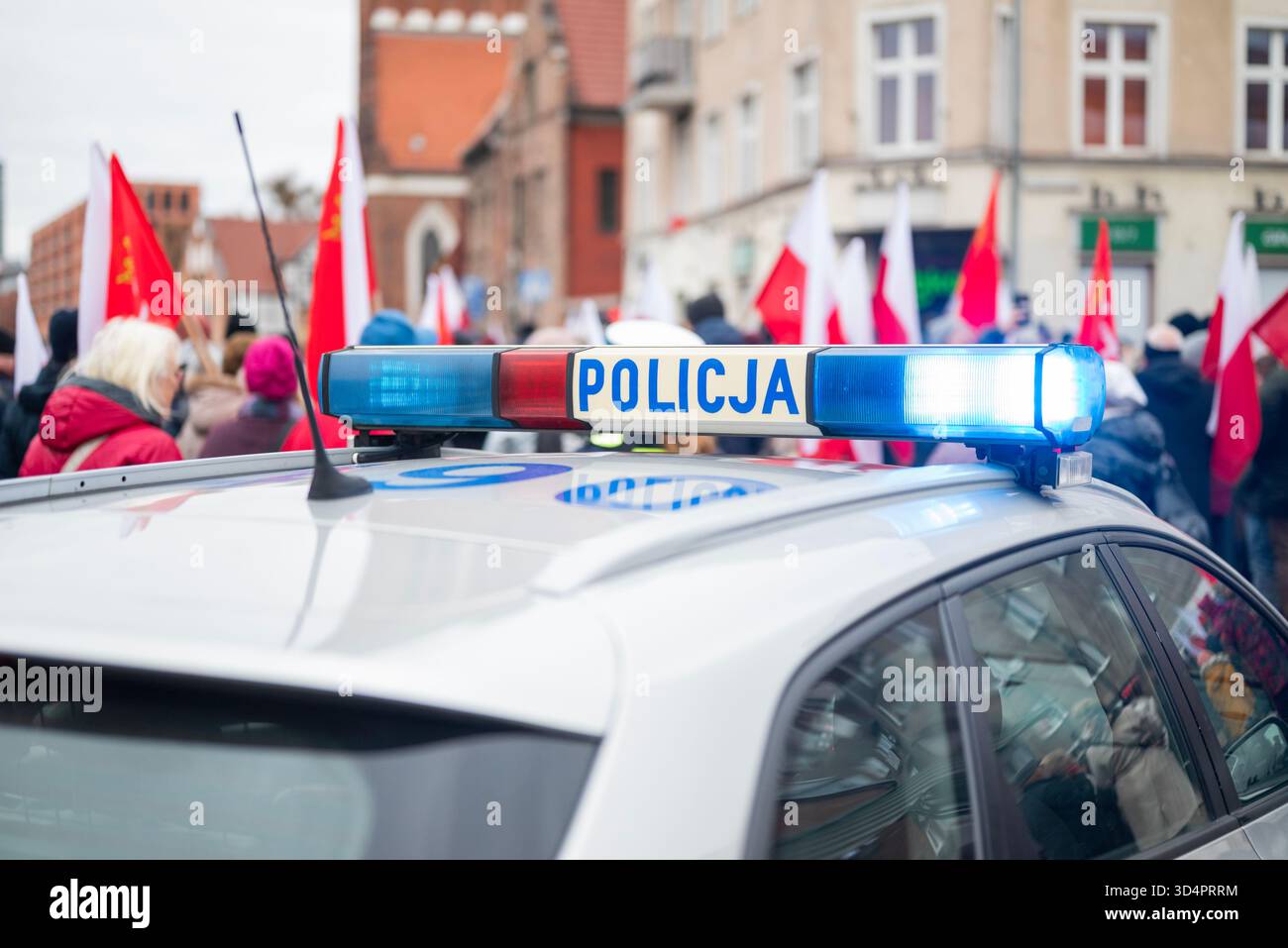 Gdansk, Poland, November 11, 2025. A police car with a siren keeps ...