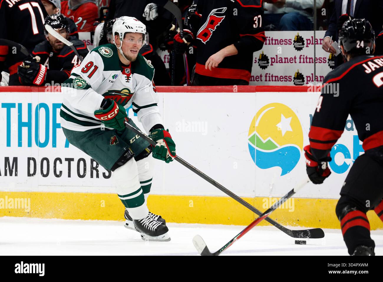 Minnesota Wild's Vladimir Tarasenko (91) controls the puck as he ...