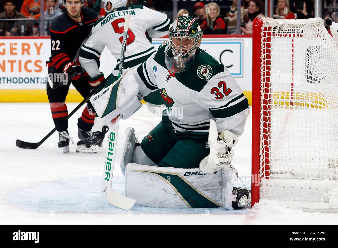 Minnesota Wild goaltender Filip Gustavsson (32) watches the puck ...