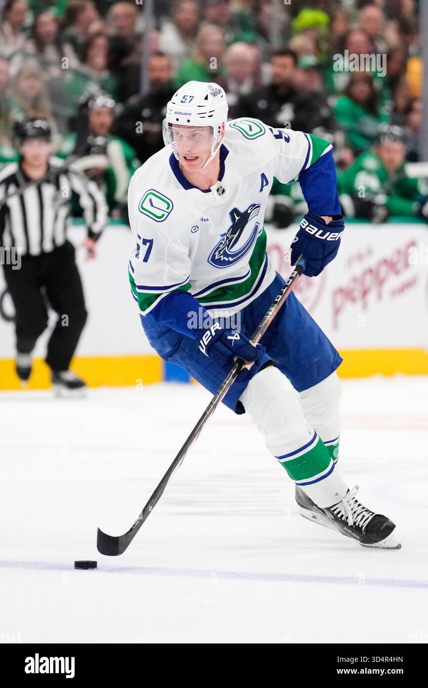 Vancouver Canucks' Tyler Myers (57) works against the Dallas Stars ...
