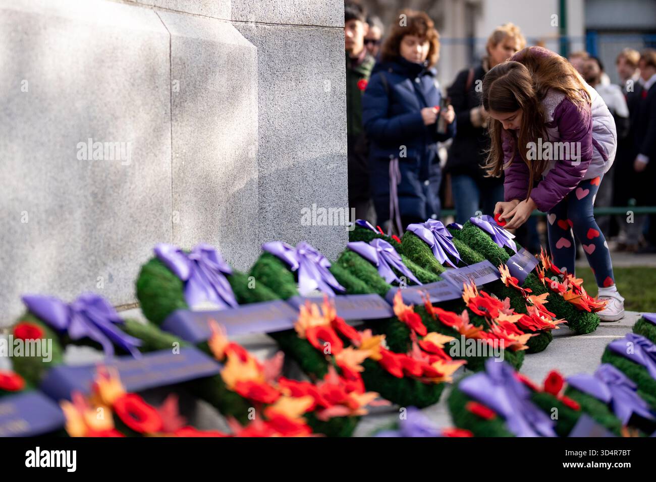 A girl places a poppy on the Victory Square Cenotaph during a ...