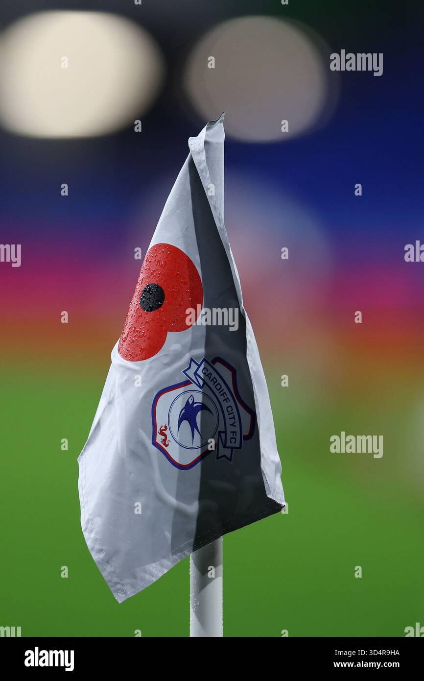 Cardiff, UK. 11th Nov, 2025. A special Cardiff city corner flag with ...