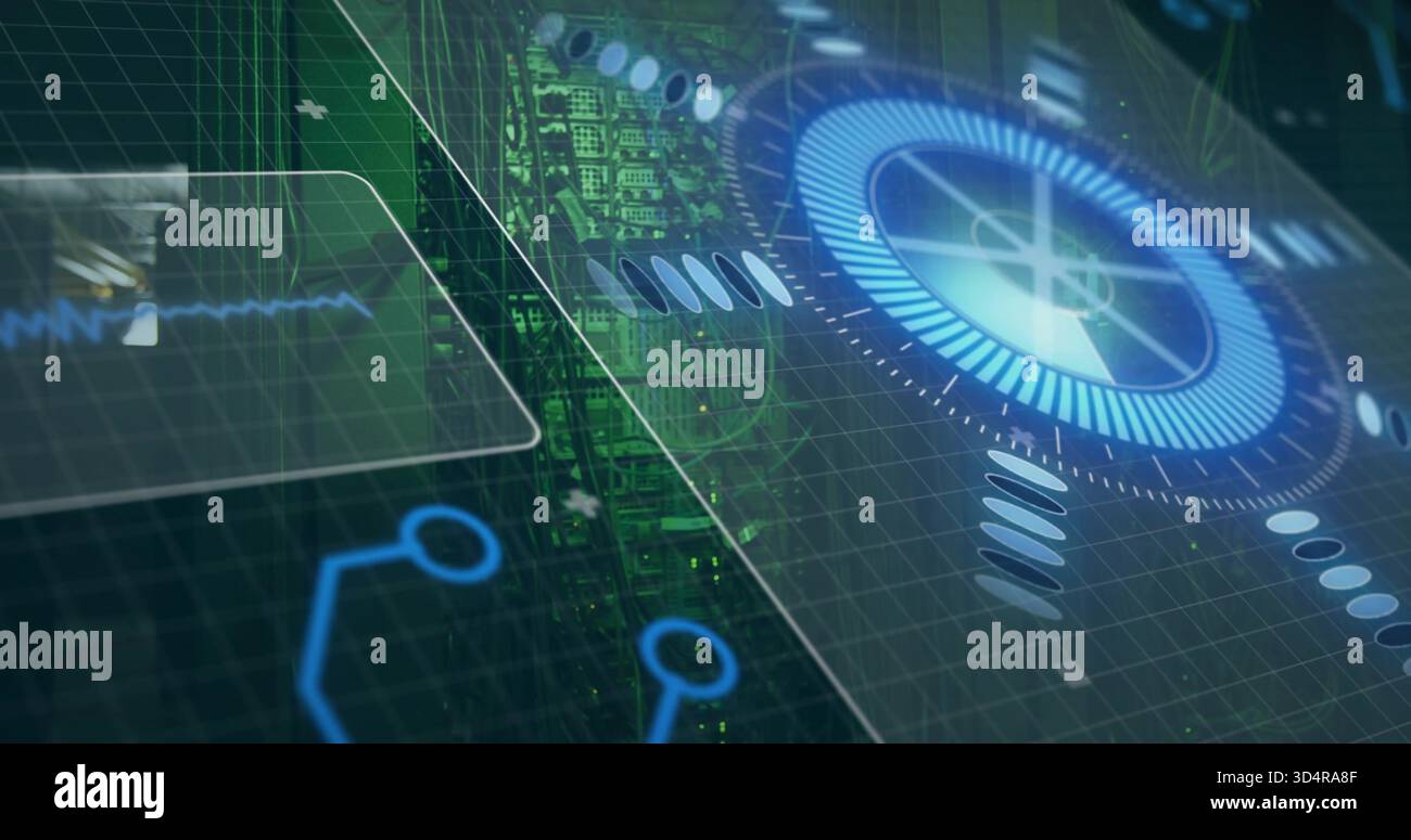 Projecting holographic circular HUD in server room, showing grid ...