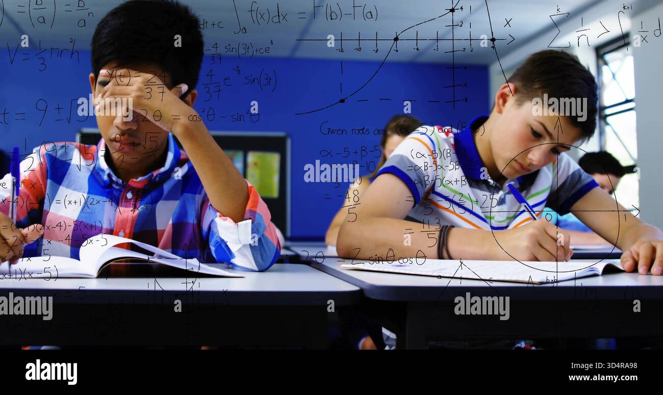 Solving math two students plaid, striped polos at class desks, writing ...