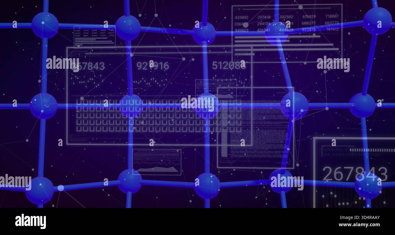Showing blue lattice of shiny nodes linking lit rods in digital space ...
