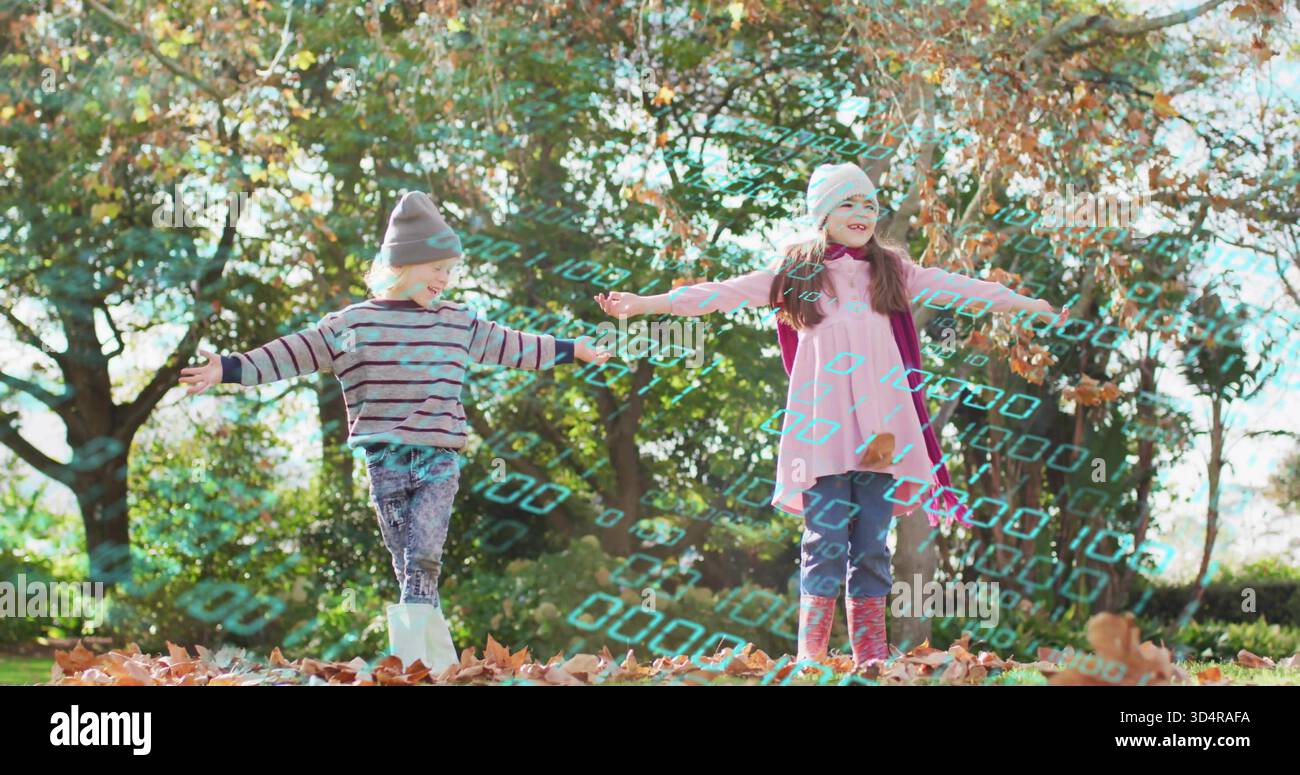 Playing two kids with arms spread at park, in beanies, boots, falling leaves, binary overlay ...