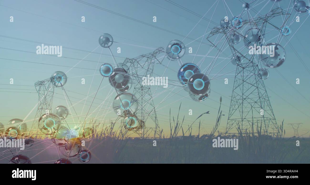 Framing high-voltage towers with power lines showing glowing blue nodes ...